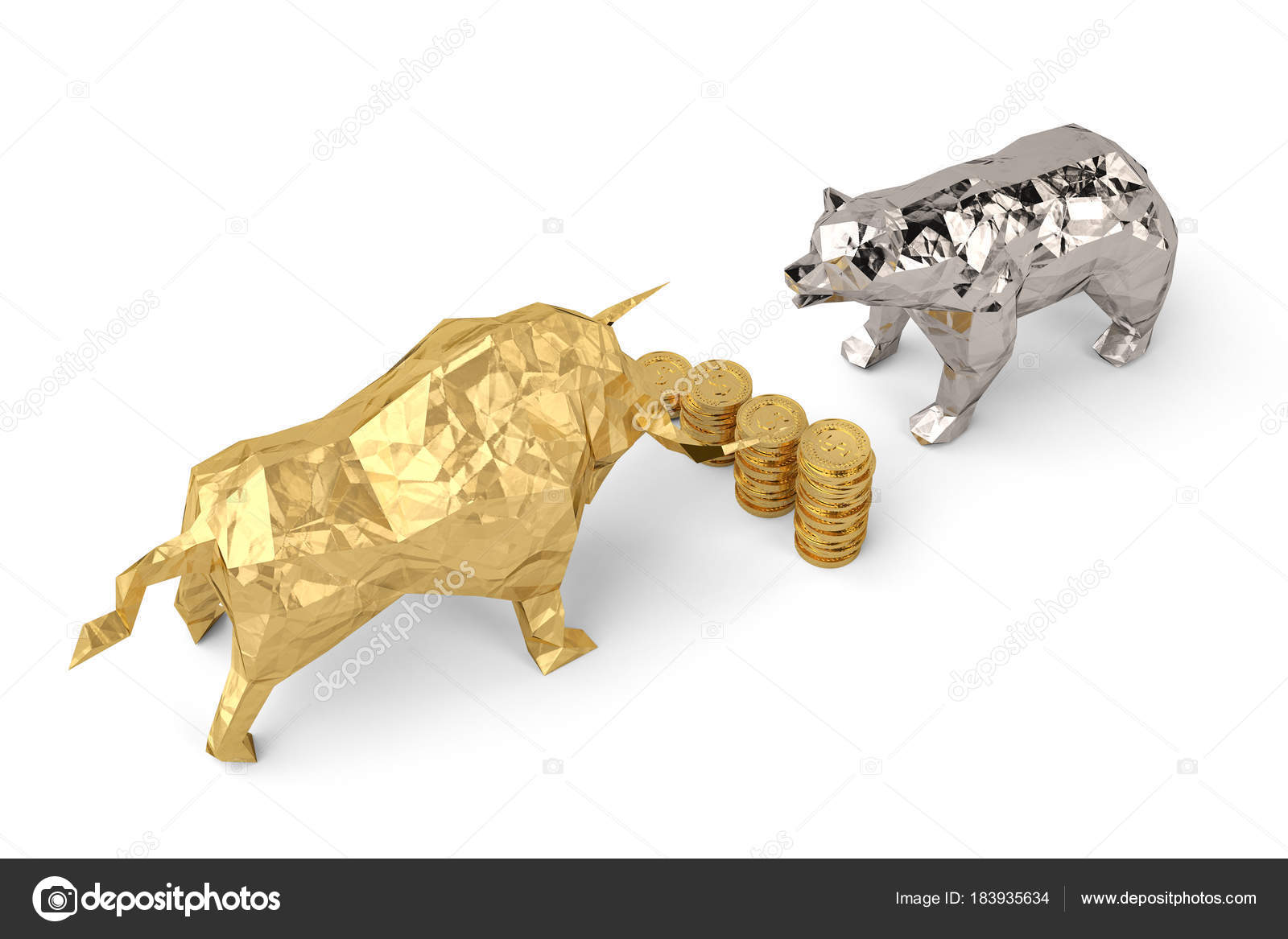 Golden bull with silver bear and coin stacks on a white backgrou ...