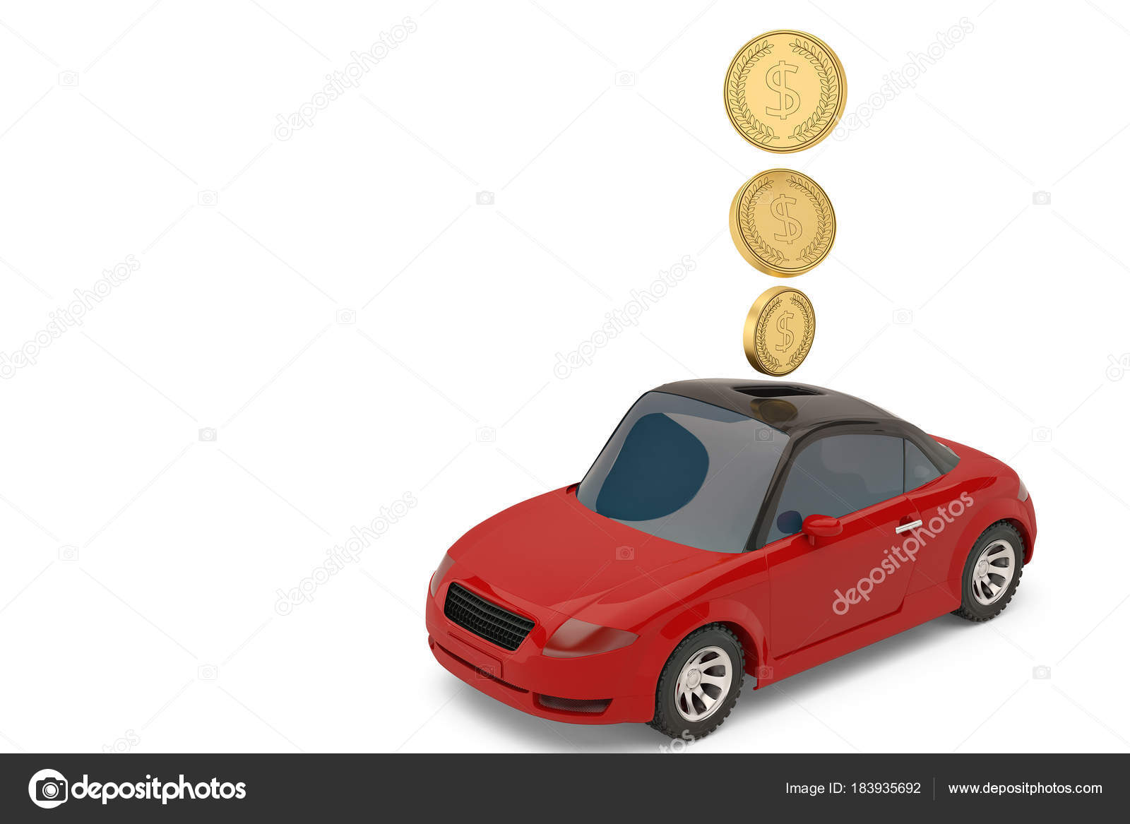 Putting gold coins in car shaped piggy bank.3D illustration. Stock ...