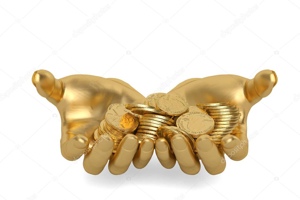 Manos de oro manteniendo la celebración de monedas de oro sobre un ...