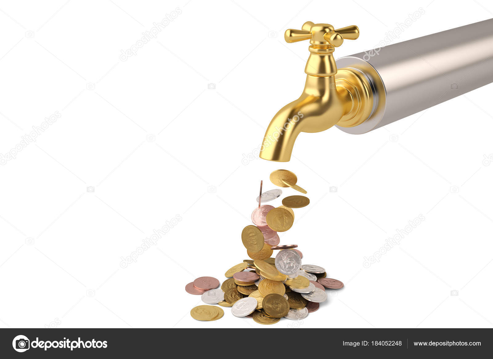 Coins fall from the tap isolated on white background 3d illustra ...