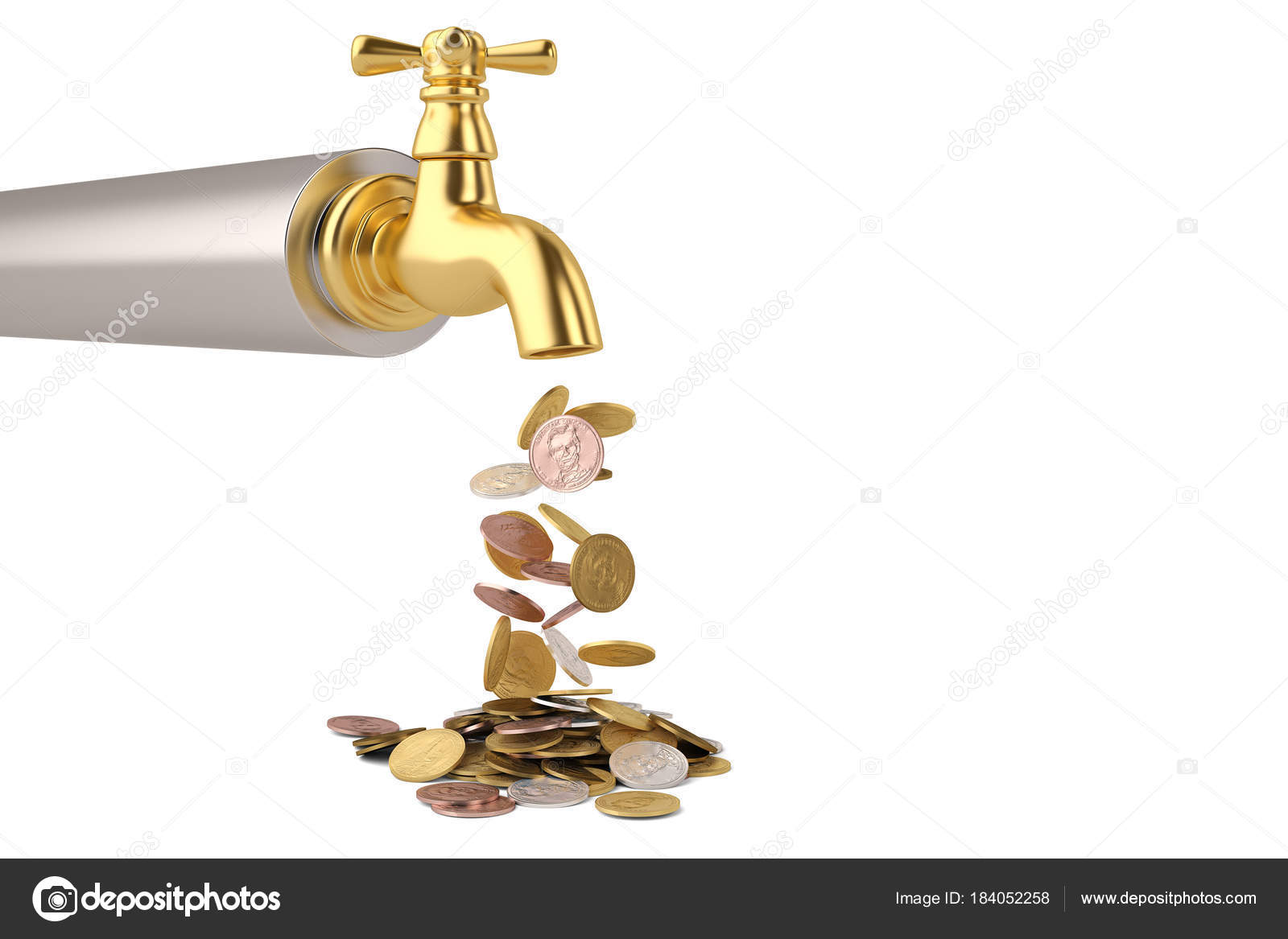 Coins fall from the tap isolated on white background 3d illustra Stock ...