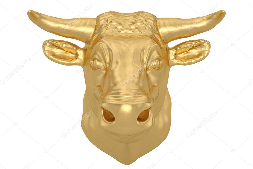 Cabeza de toro en oro Aislado sobre fondo blanco. ilustración 3d 2024