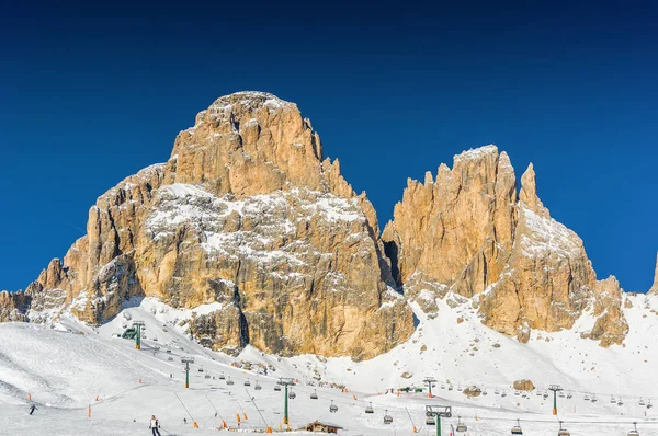 Sunny view of ski slope at Col Rodella valley near Canazei of Val di ...