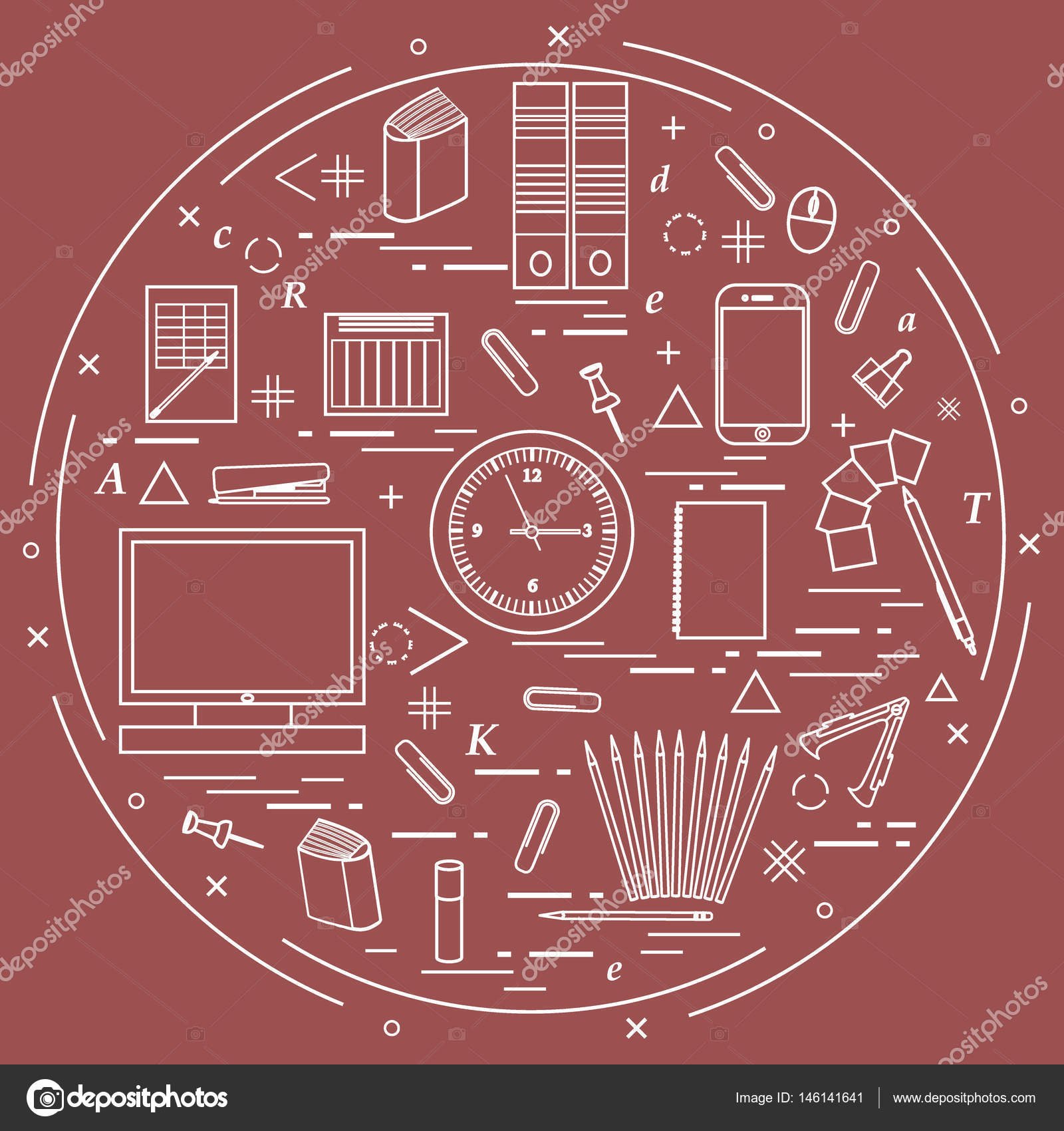 Set of different office objects arranged in a circle. Including Stock ...