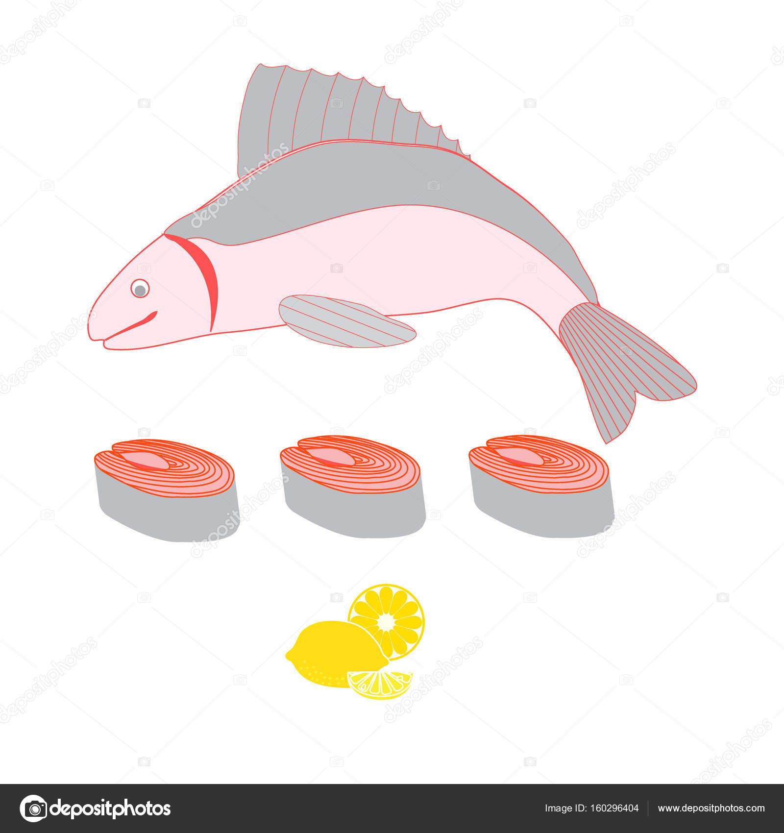 Colorful illustration of a whole fish and cut into pieces and le Stock ...