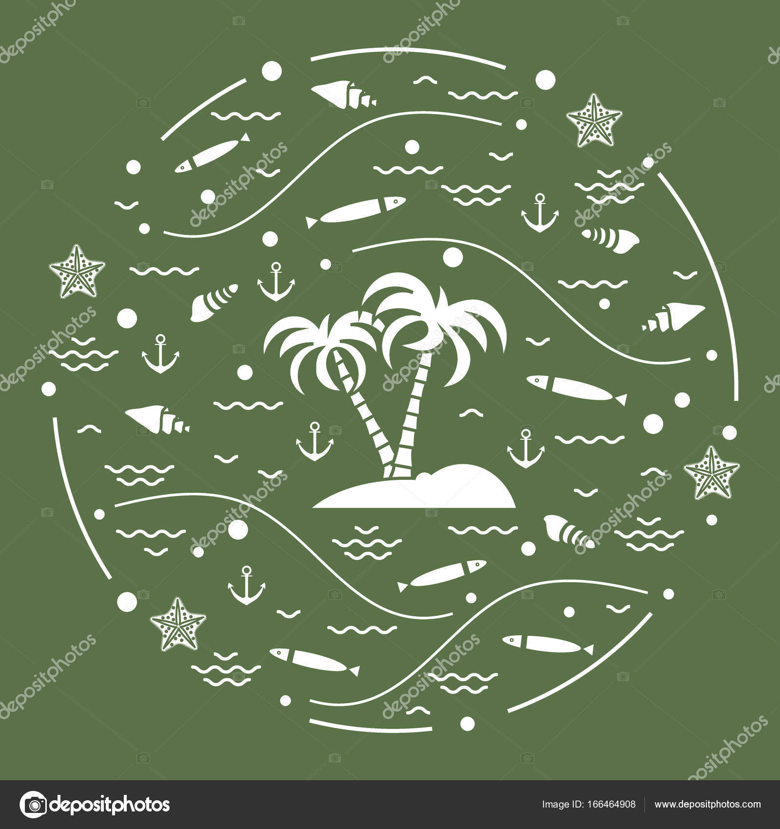 Cute vector illustration with fish, island with palm trees, anch Stock ...