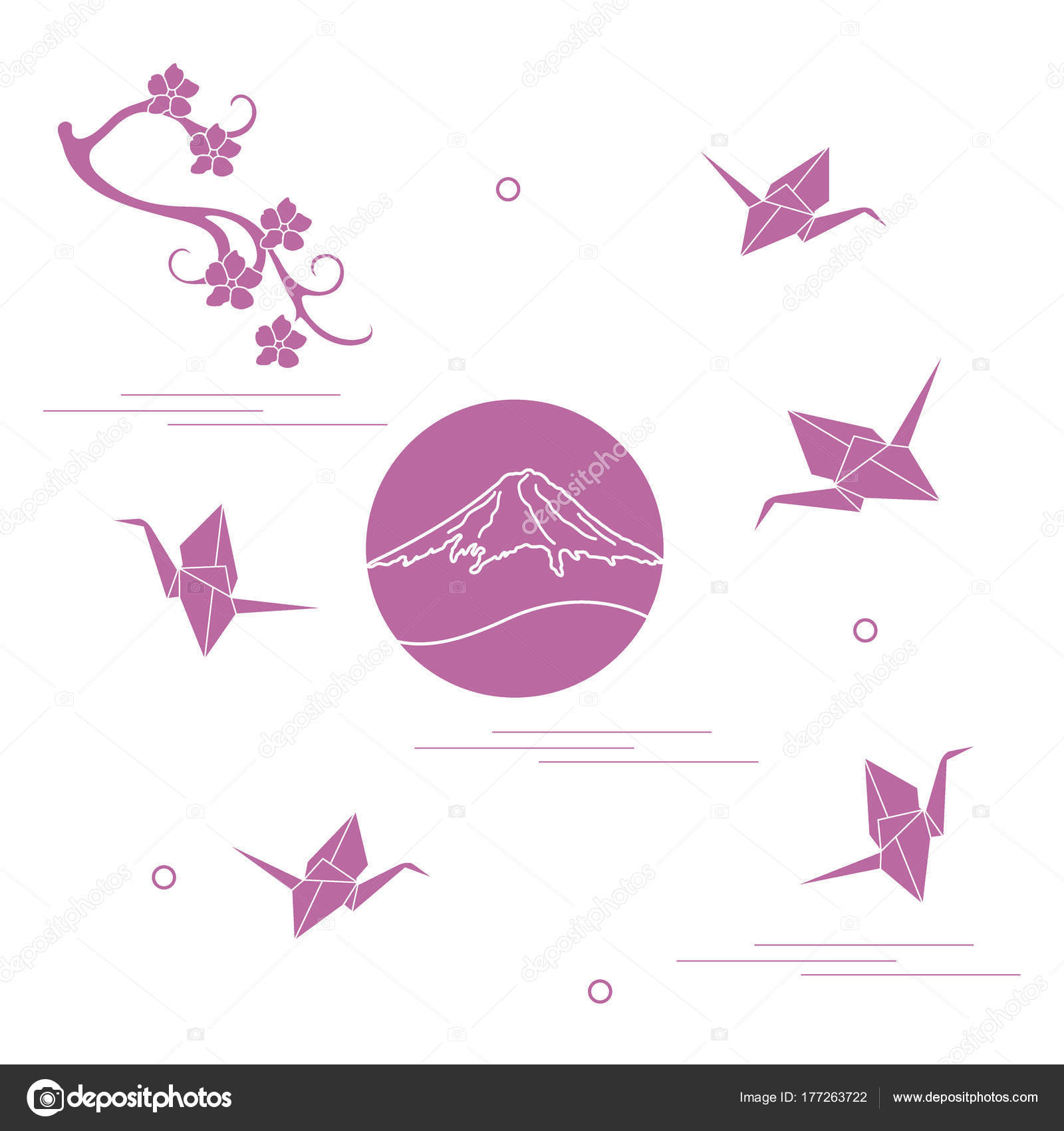 Branch of cherry blossoms, mount Fuji and origami paper cranes. Stock ...