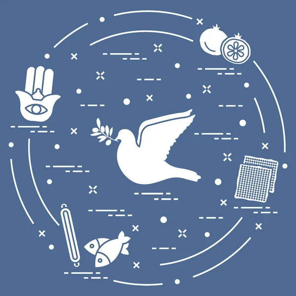 Jewish symbols: dove, olive branch, pomegranate, matzah, fish, h Stock ...