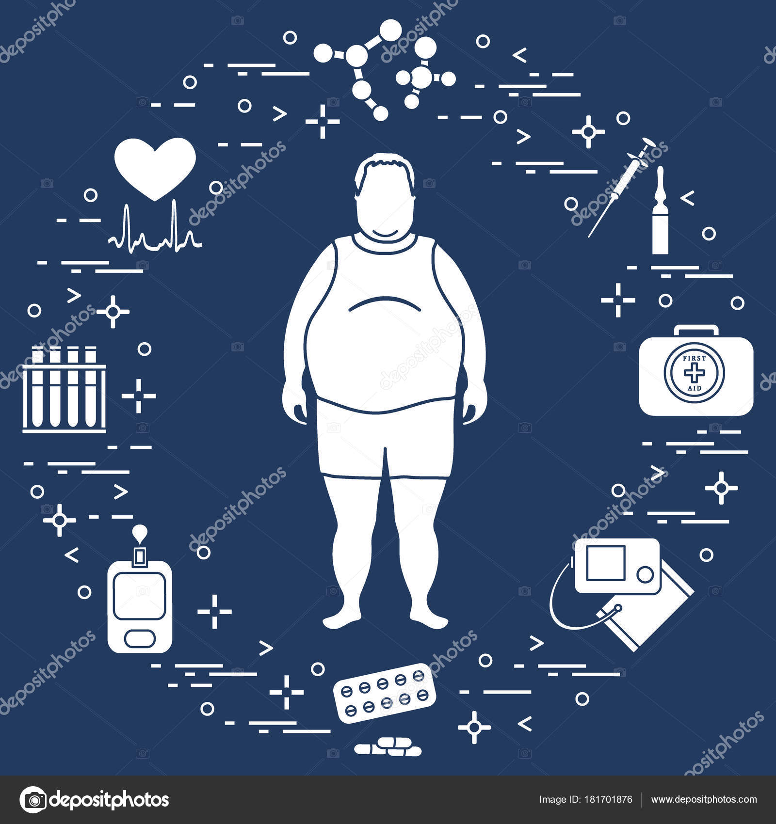 Fat man with medical devices, tools and drugs around him. Health Stock ...