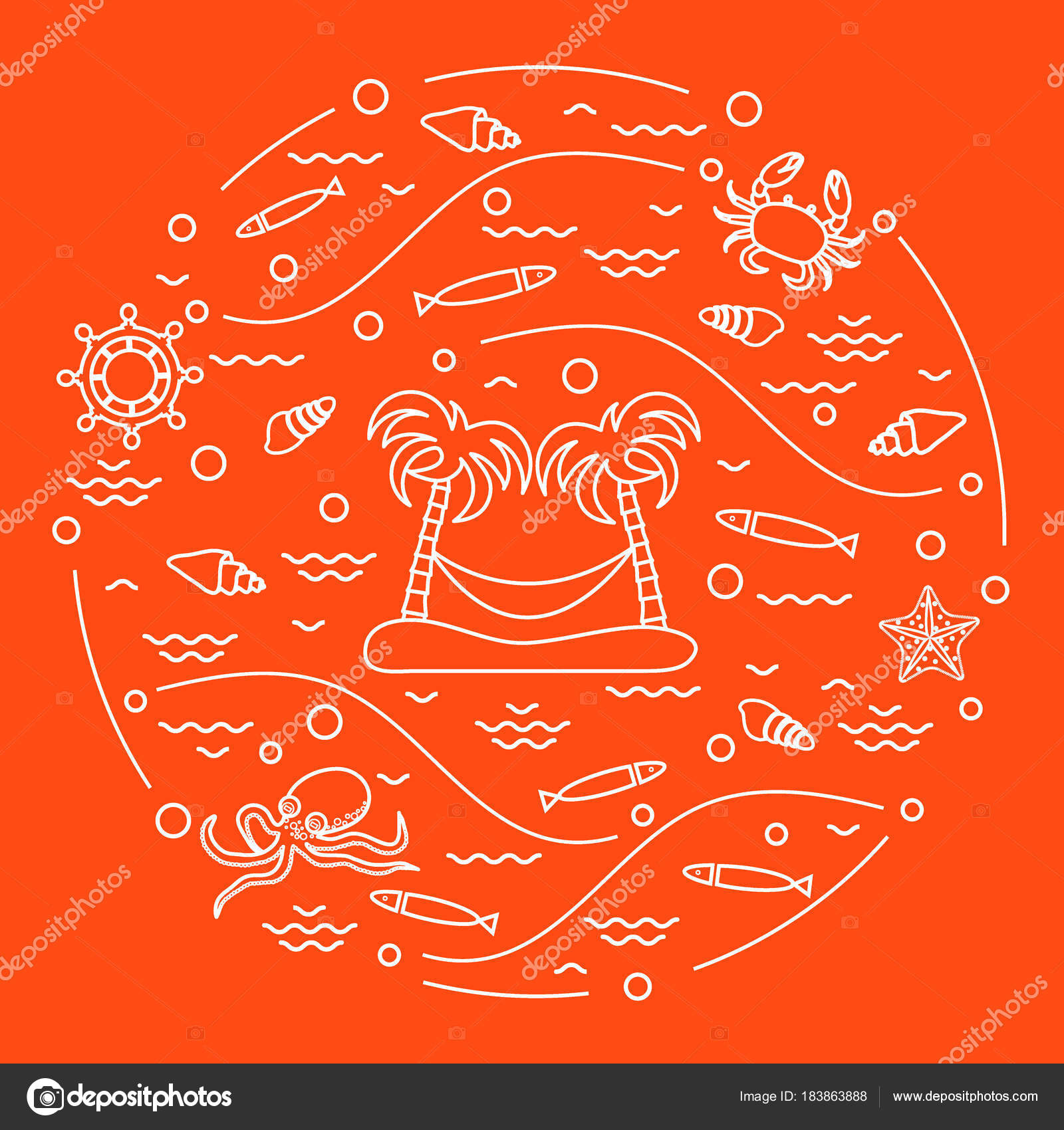 Cute vector illustration with octopus, fish, island with palm tr Stock ...