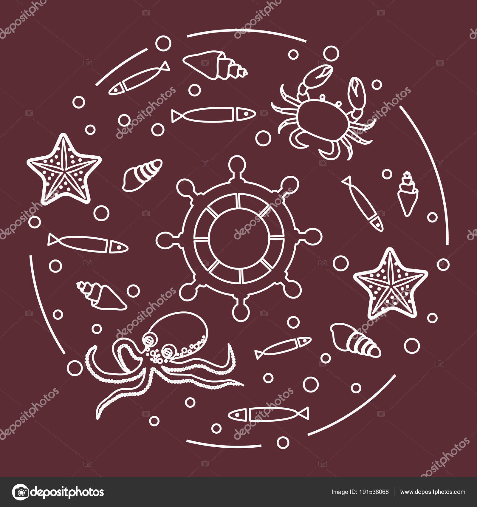 Wheel, fish, seashells, starfish, crab, octopus. Stock Vector Image by ...