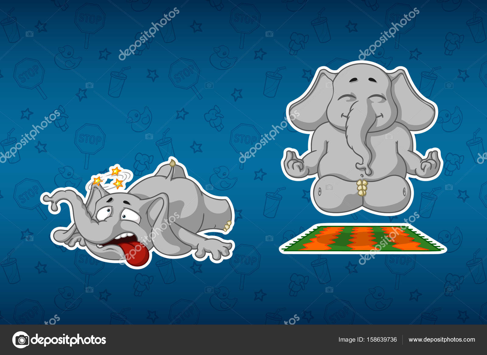 Adesivos elefantes. Ela faz ioga. Ele tropeçou e caiu. Um grande ...