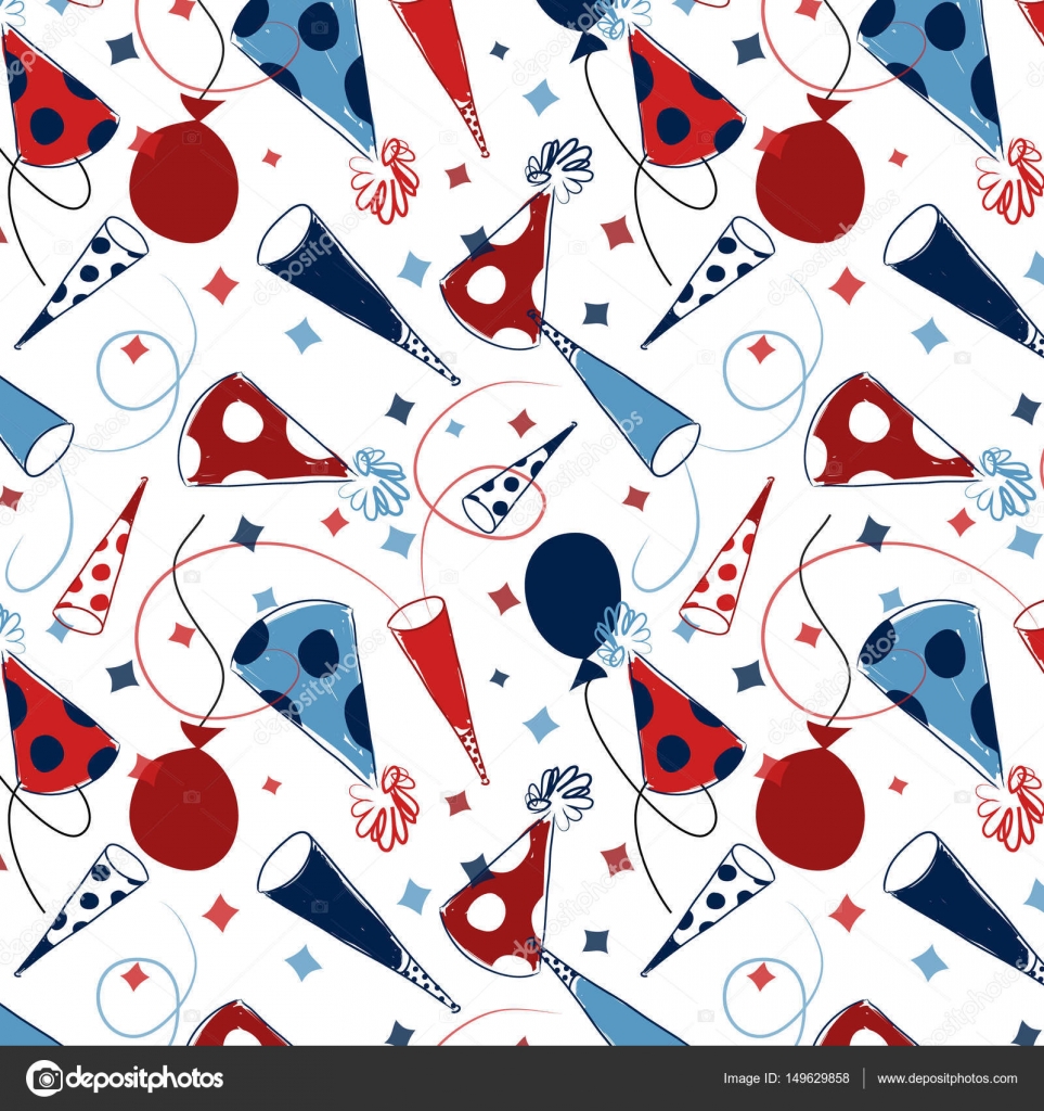 Seamless party pattern with party hats, balloons, noise makers and ...