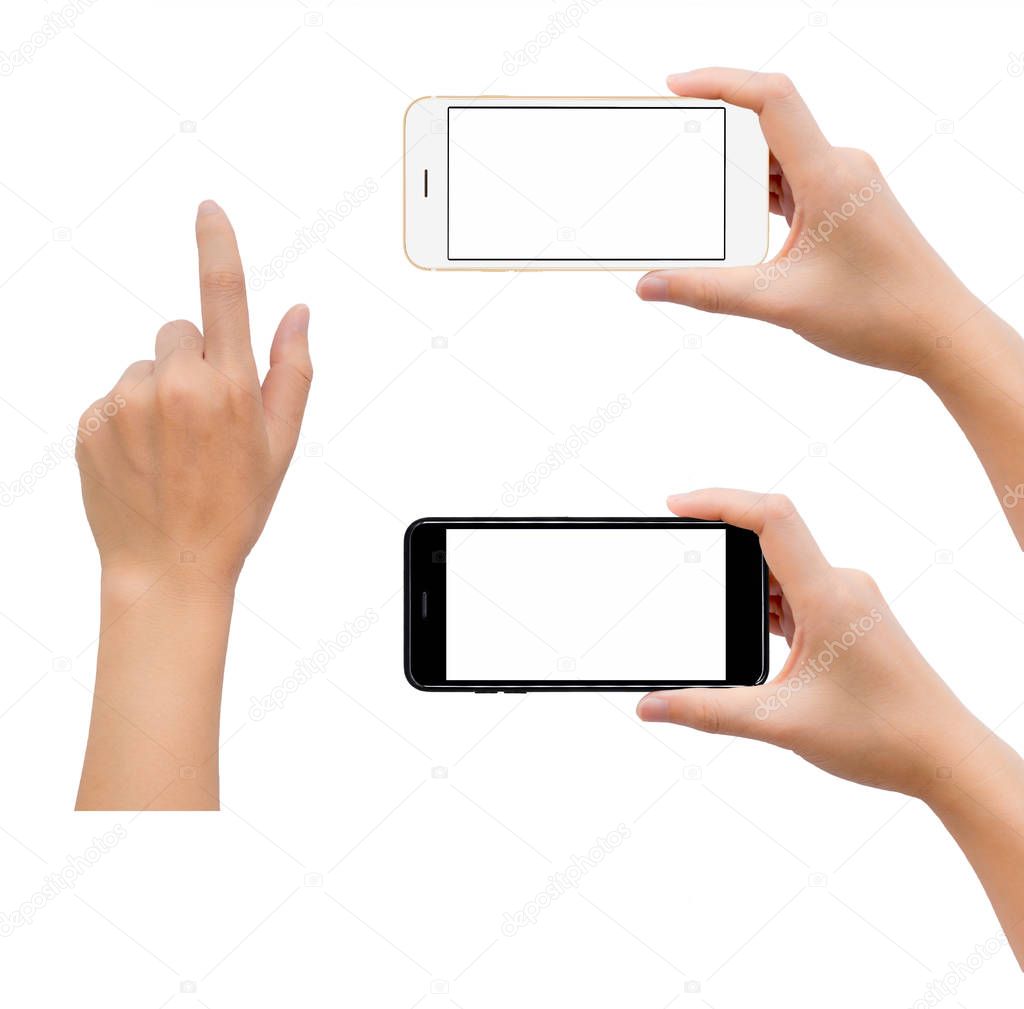 Hand holding smartphone with hand touching gesture — Stock Photo ...