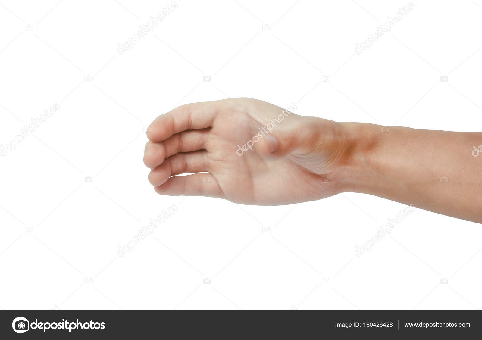 Man hand holding something like a bottle on white background Stock ...