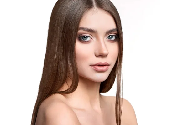 Fullface type half profile portrait of a young beautiful model without ...