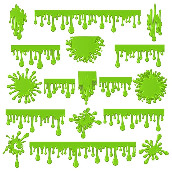 Set of green slime drops and blots cartoon vector illustration isolated ...