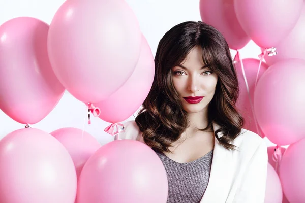 Beautiful fashion model girl with colorful balloons posing isolated on ...