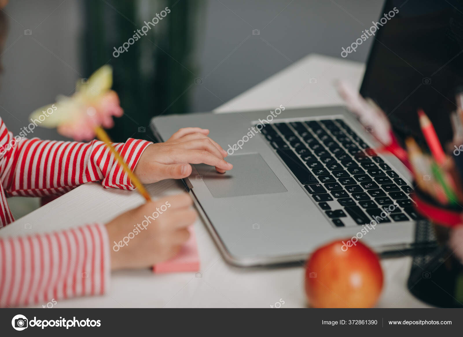 Hands of Unrecognizable Child of Primary School Age Using Touchpad of ...