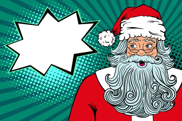 Wow pop art Santa Claus in red costume with surprised face and open ...