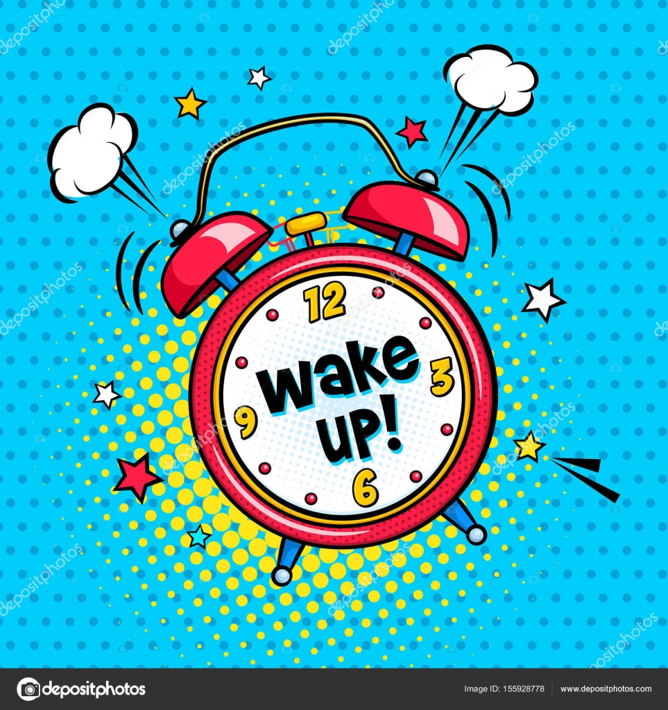 Background with red comic alarm clock ringing and expression wake up ...