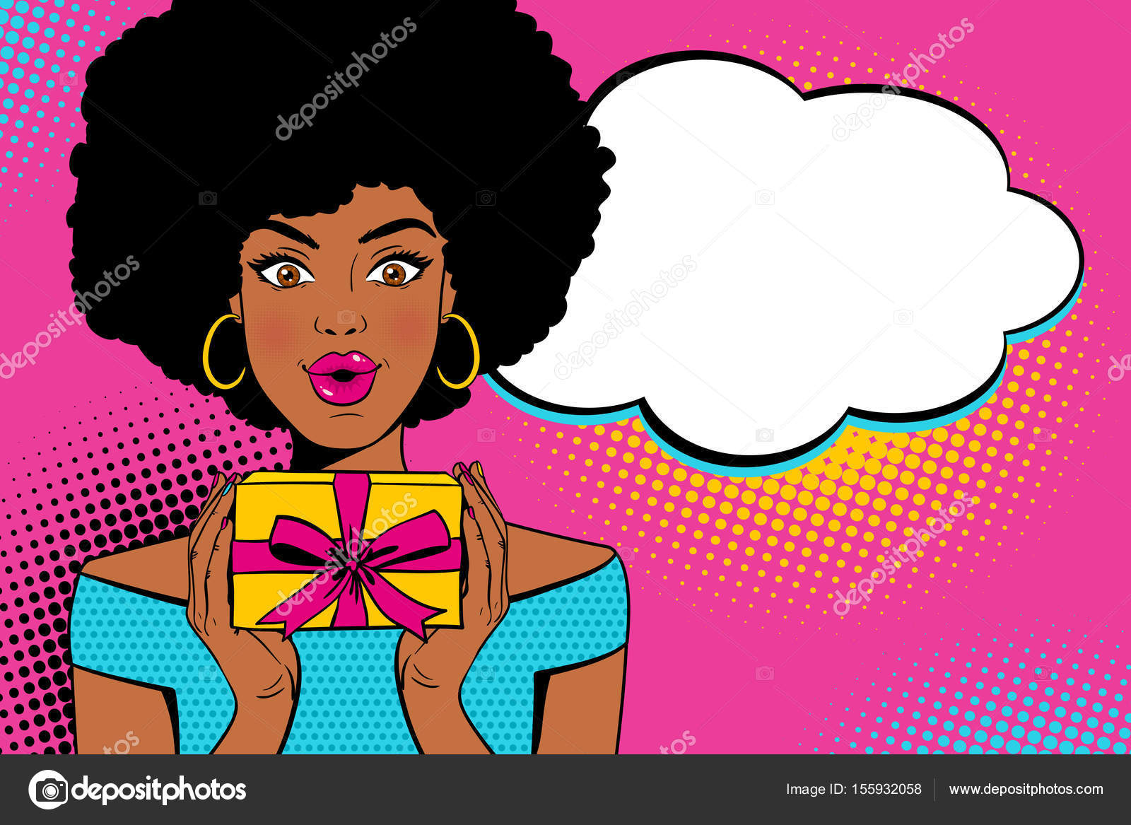 Wow Pop Art Face Young Sexy Surprised African American Woman With Open
