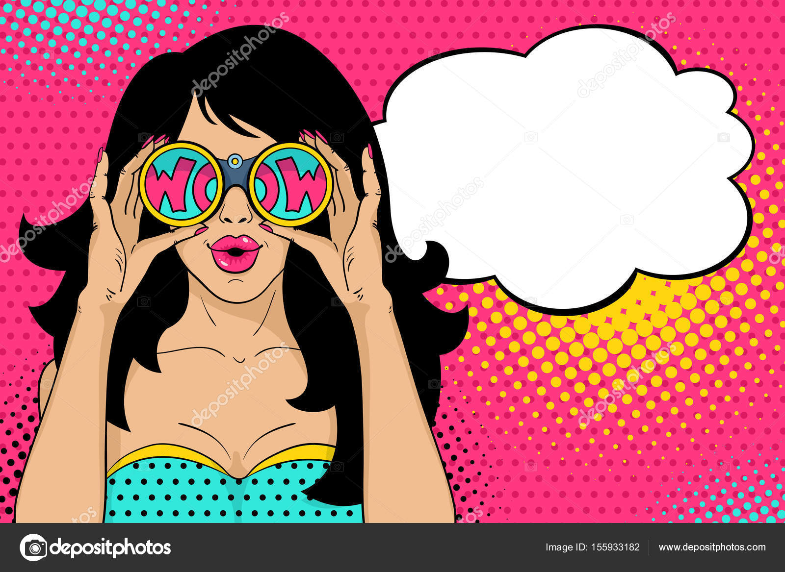 Wow Pop Art Female Face Sexy Surprised Woman With Open Mouth Holding
