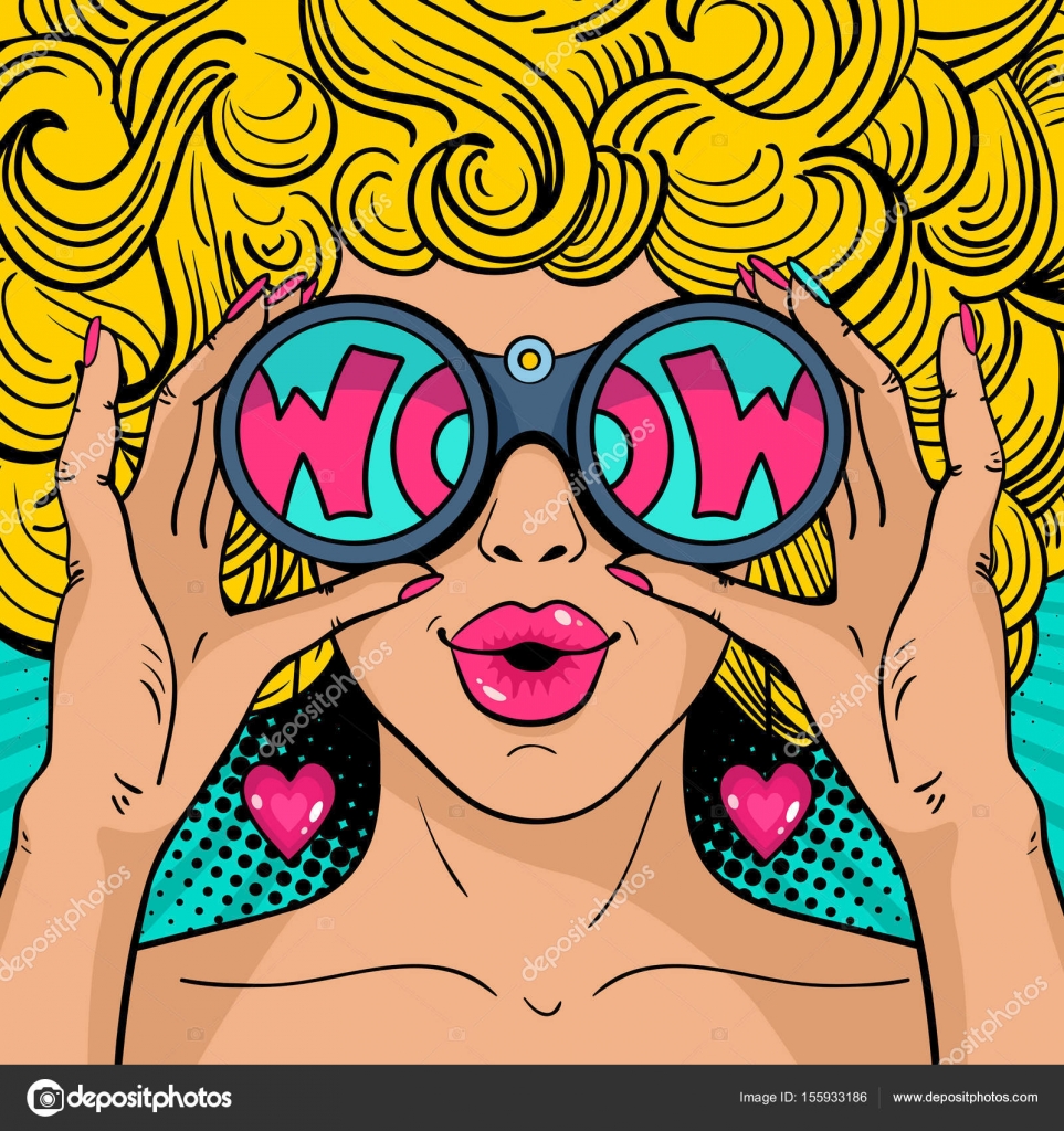 Wow Pop Art Face Sexy Surprised Woman With Blonde Curly Hair And Open