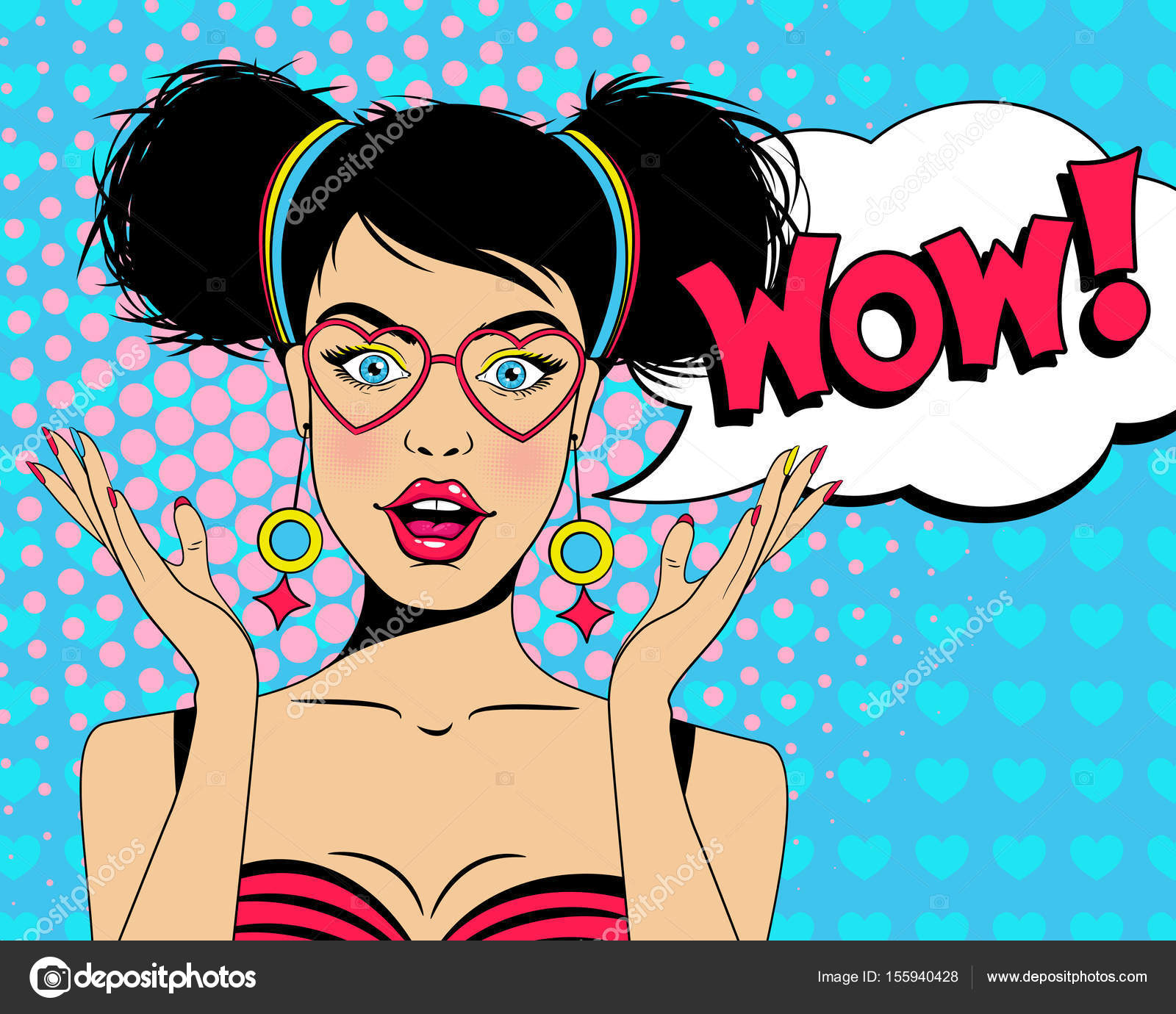 Wow Pop Art Expression Face Sexy Surprised Brunette Girl With Open
