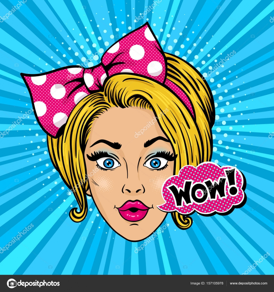 Wow Pop Art Female Face Sexy Surprised Young Blonde Woman With Open
