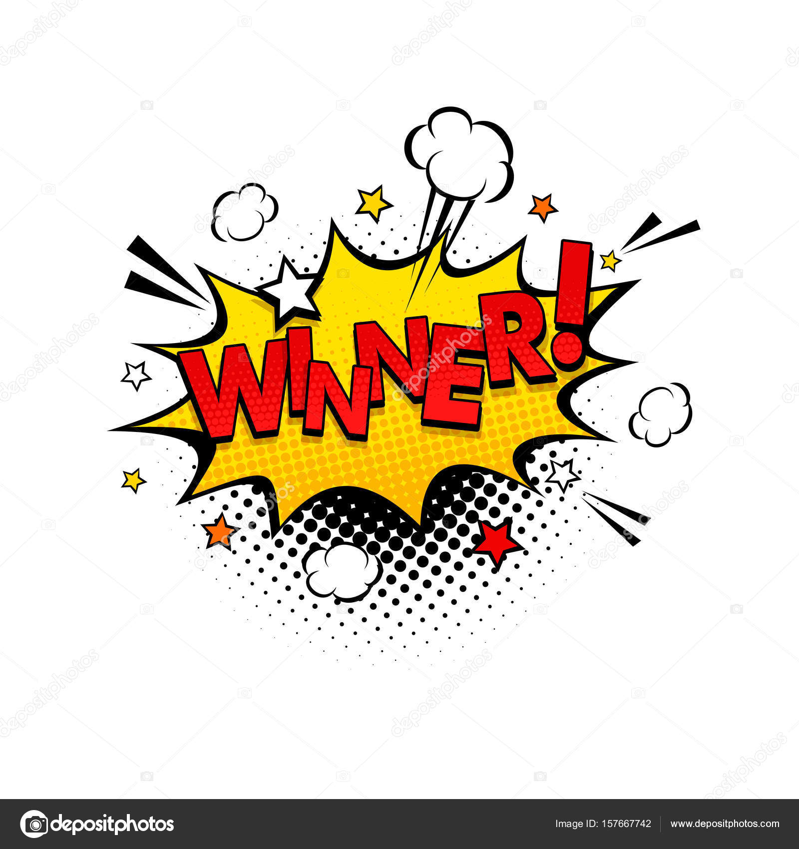 Comic speech bubble with expression text Winner, clouds and stars ...