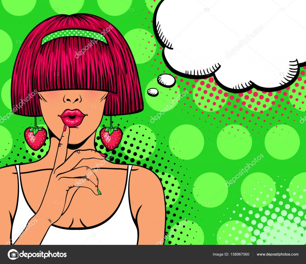 Wow Pop Art Face Sexy Woman With Pink Hair Open Mouth And Big Earrings In Form Of Strawberry