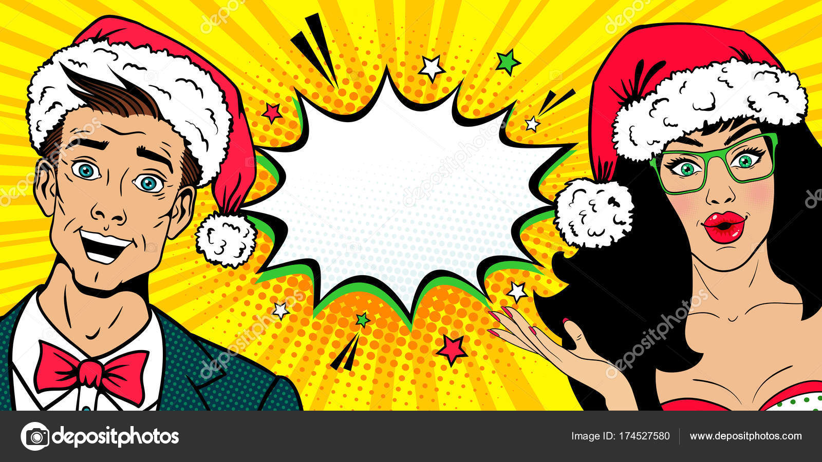 와우 새 해 얼굴 잘생긴 젊은 남자와 섹시 한 놀된 여자 산타 클로스 모자와 오픈 입으로 안경에 놀 랐 다 팝 아트 만화 스타일에서 벡터 배경입니다 크리스마스 초대
