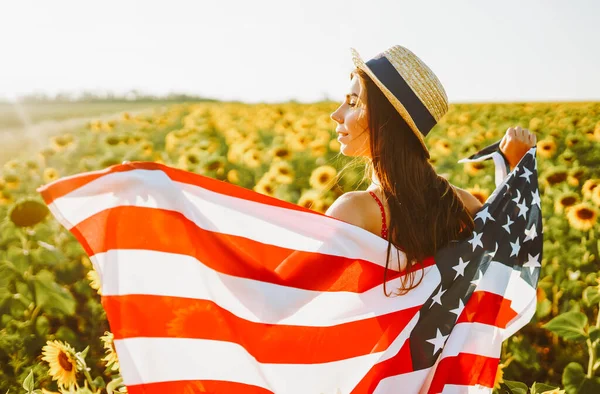 4Th July Amazing Girl Hat American Flag Sunflower Field Freedom — Stock ...