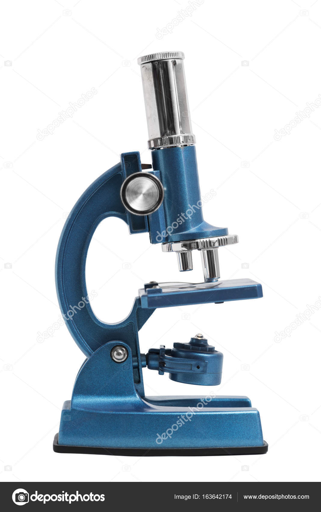 Blue shiny new microscope with three lenses on isolated white ...