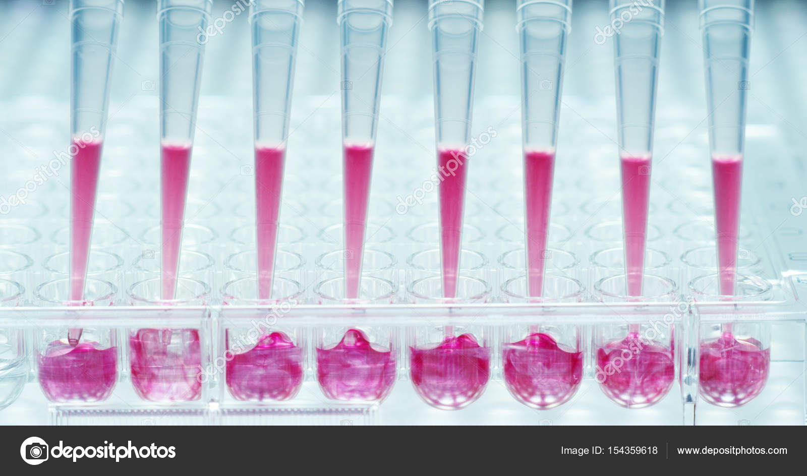 In a laboratory, a scientist with a pipette analyzes a colored liquid ...