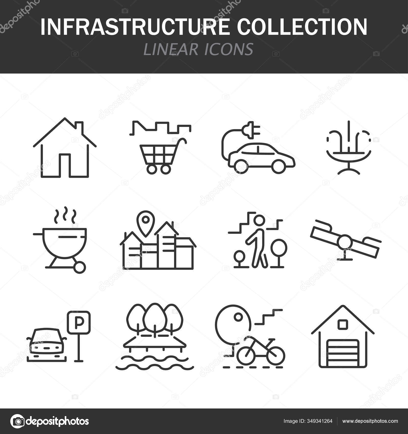 Infrastructure Collection Linear Icons Black White Background Stock ...