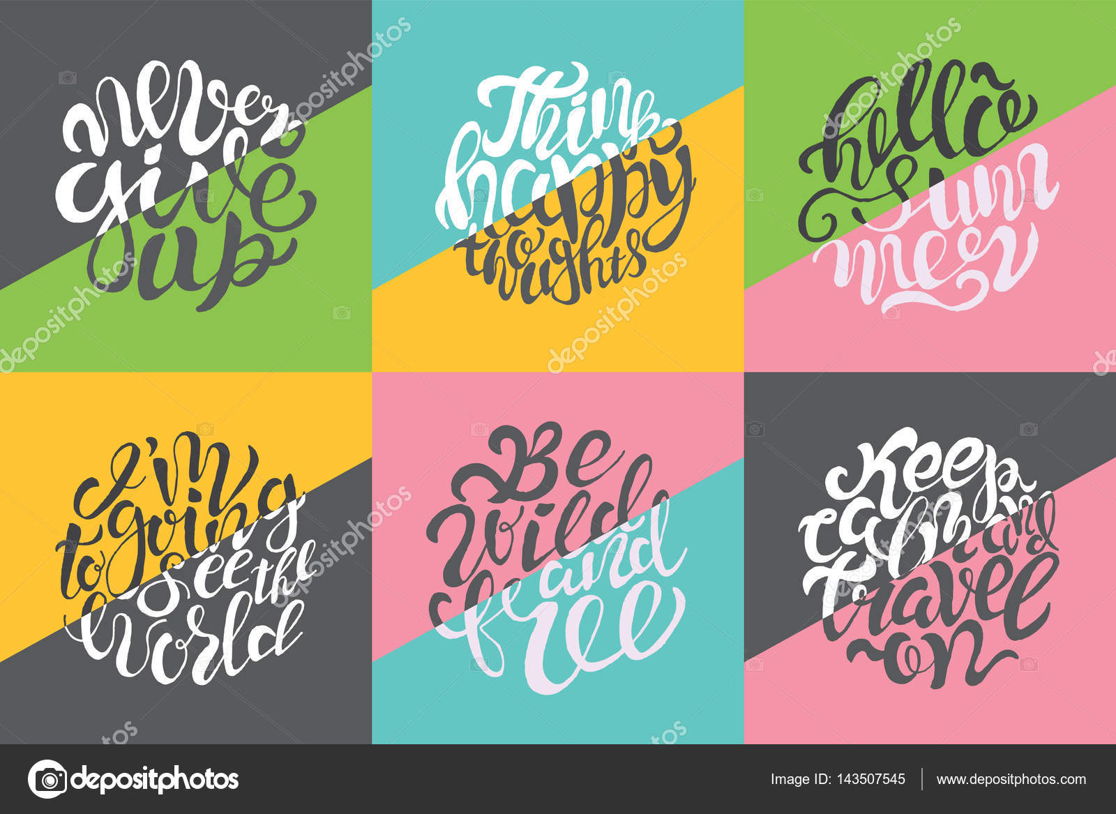 Hand drawn color typography posters with brush lettering design quotes ...