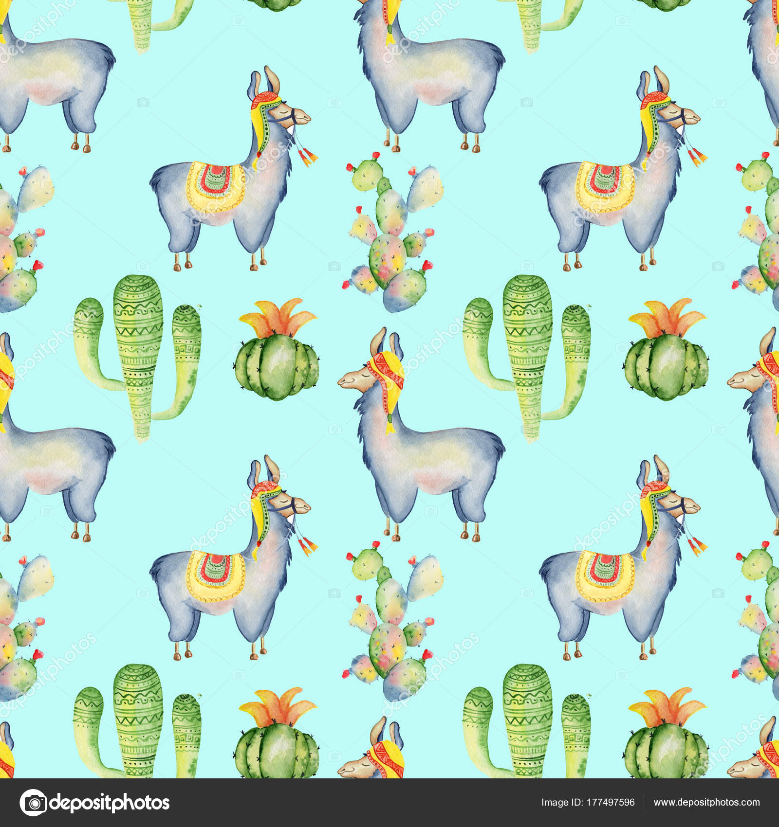 Watercolor llama, alpaca and cactus tropical seamless pattern Hand ...