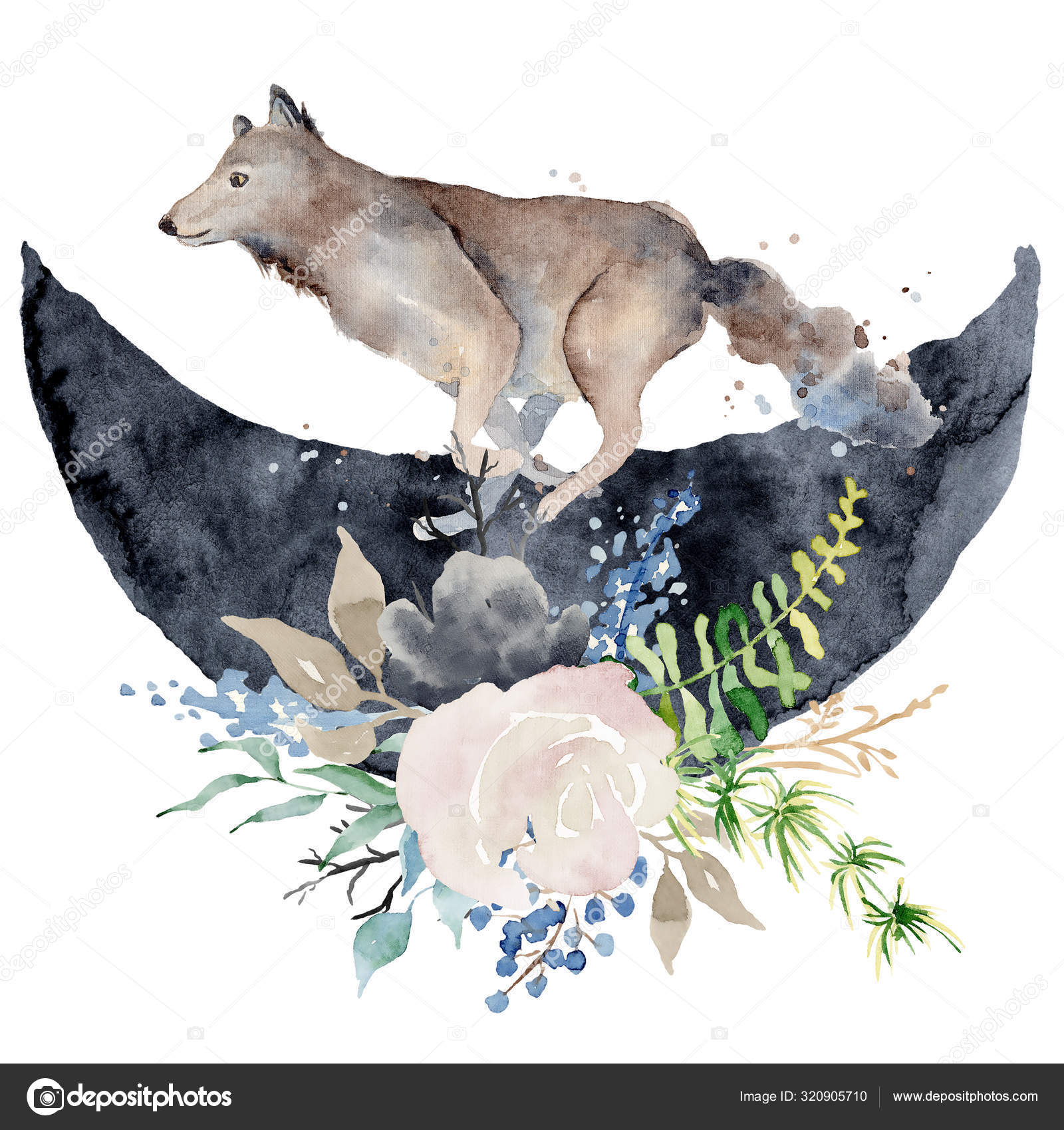 Watercolor wolf Animal composition Hand drawn illustration Stock ...