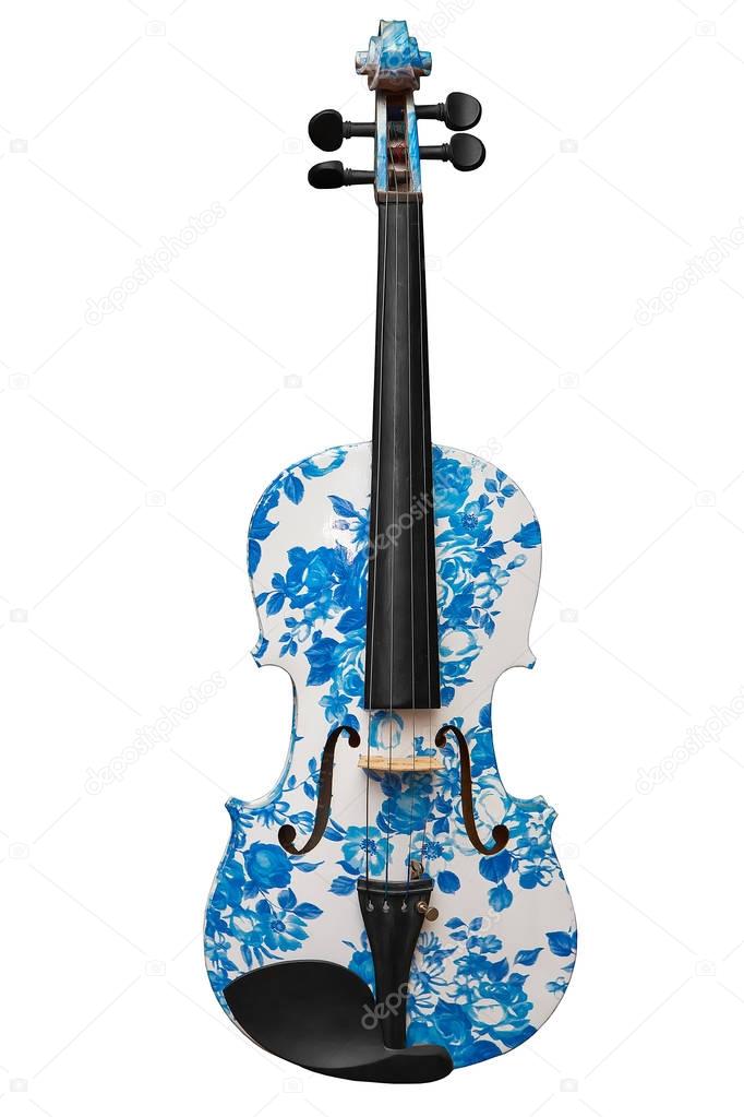 Classic musical instrument violin white with blue pattern isolated on ...