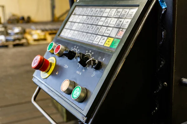 Red button of control panel machine processing metal, industrial ...