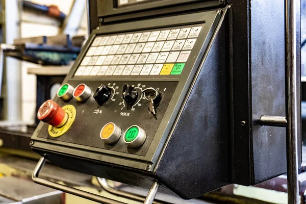 Red button of control panel machine processing metal, industrial ...