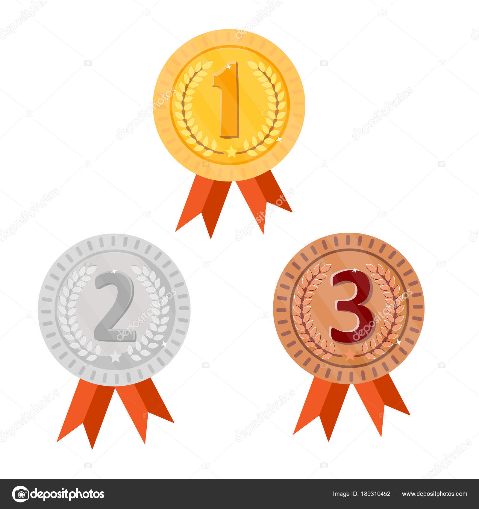 Champion gold, silver and bronze award medals with red ribbons. Round ...