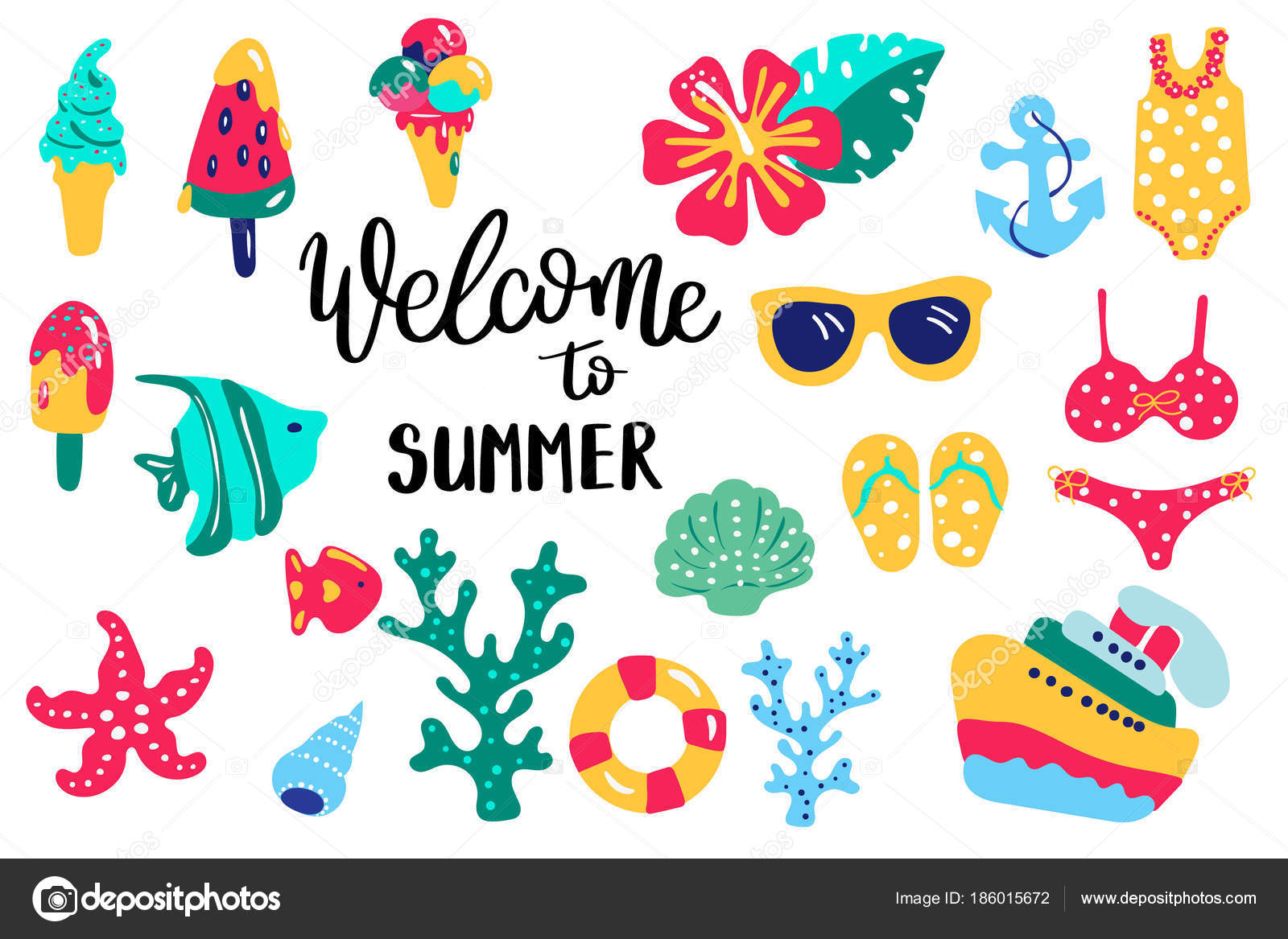 Summer lettering. Set hand drawn icons, signs and banners. Bright ...