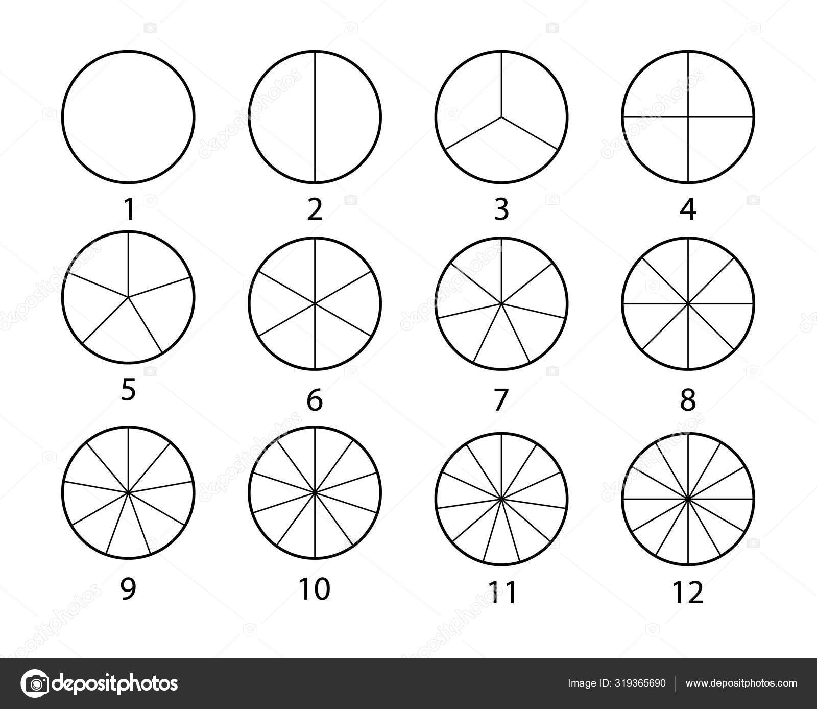 Fraction mathematics. Circle segments set. Black thin outline graphics ...
