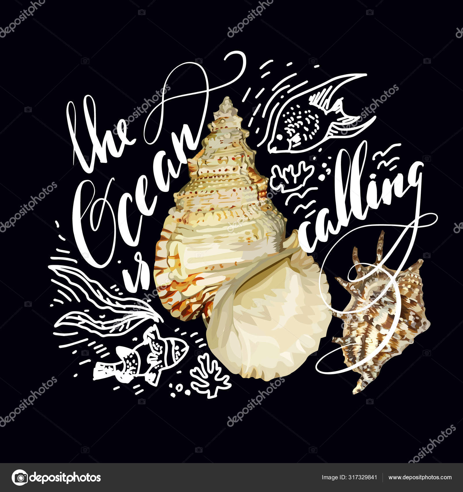 Sea quote lettering with realistic shells for t-shirt design and beach ...