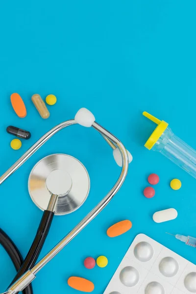 Spilled Medication Stethoscope Laboratory Vial Syringe Blue Background ...