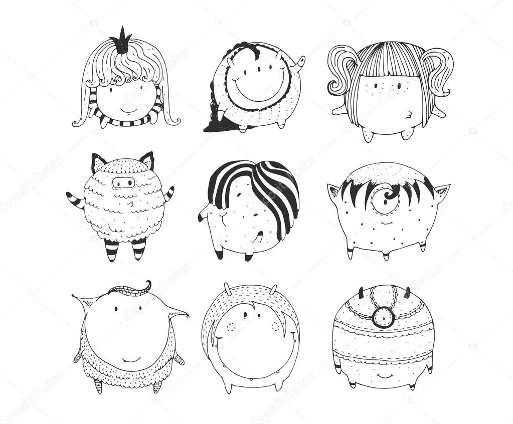 Cute monochrome collection with hand drawn doodle sphere monsters ...