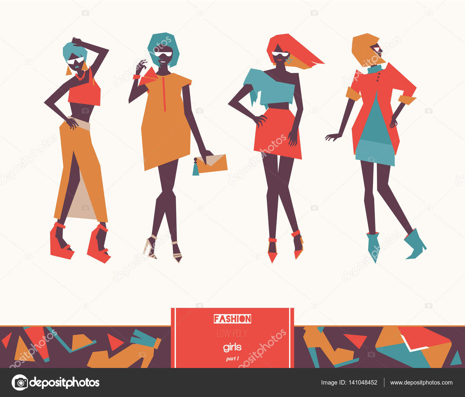 Set with beautiful stylish fashion girls posing. Vector geometric low ...
